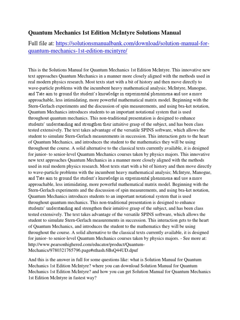 Quantum Mechanics 1st Edition McIntyre Solutions Manual | PDF | Business