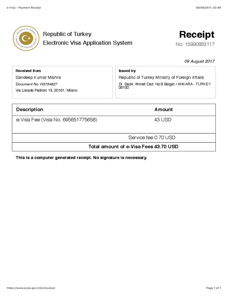 E-Visa - Payment Receipt | PDF