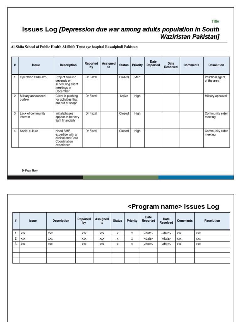Issues Log: (Depression Due War Among Adults Population in South ...