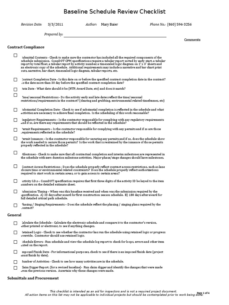 Baseline Schedule Review Checklist | PDF | Business