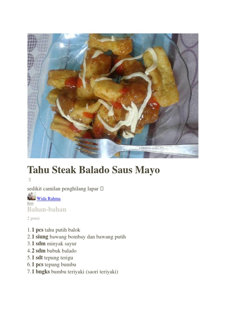 Resep Tahu Steak Balado Saus Mayo | PDF | Memasak, Makanan, & Anggur