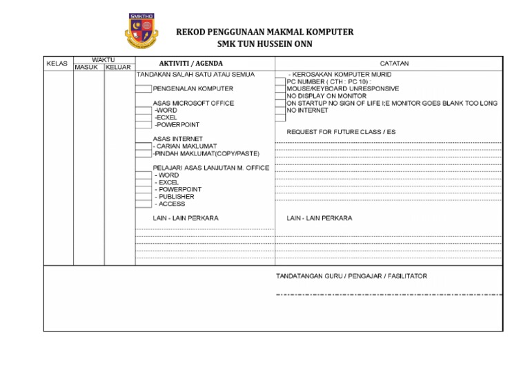 Rekod Penggunaan Makmal Komputer | PDF