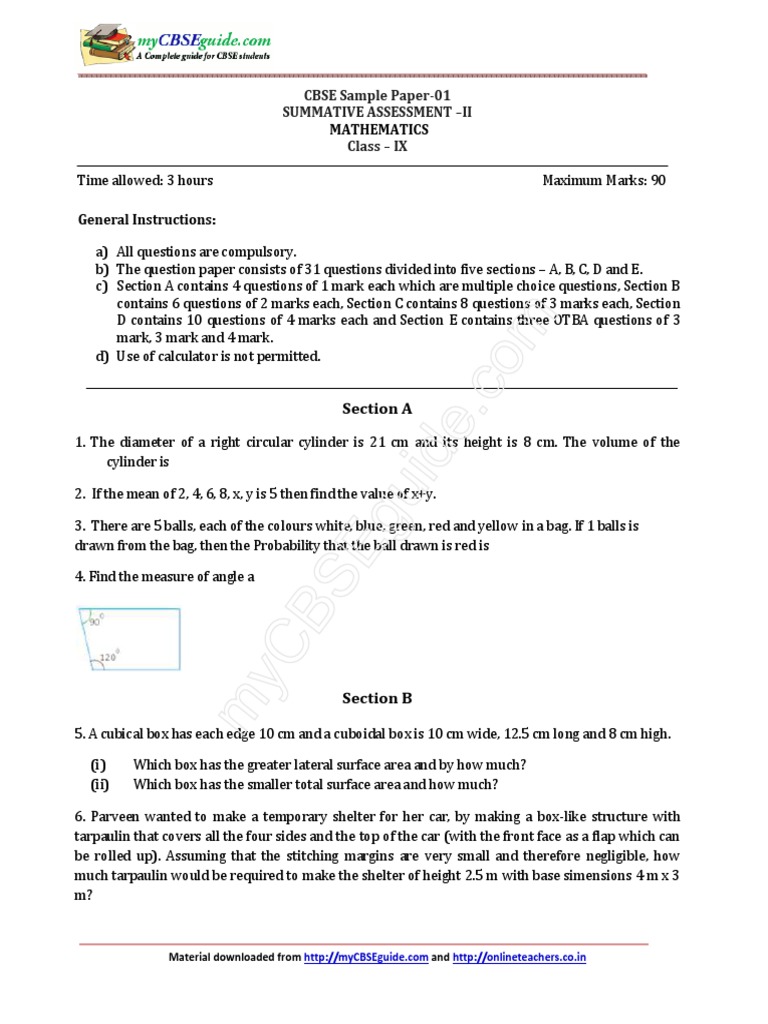 2016 09 Mathematics Sample Paper Sa2 01 | PDF | Volume | Classical Geometry