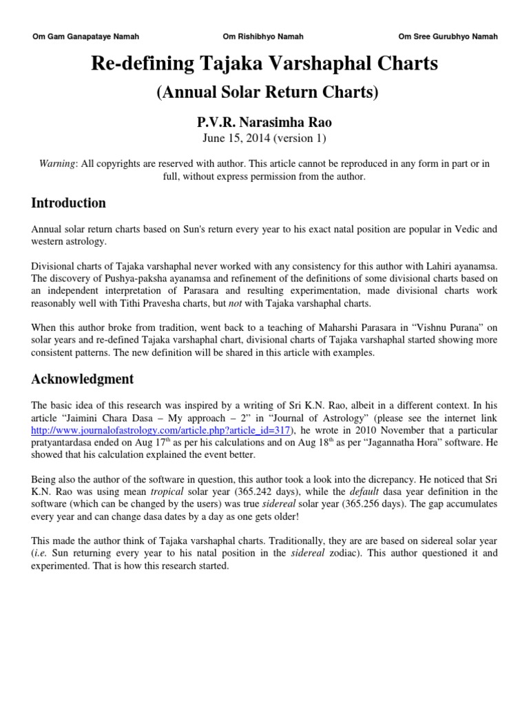 Re-Defining Tajaka Varshaphal Charts Annual Solar Return Charts) by P.v ...