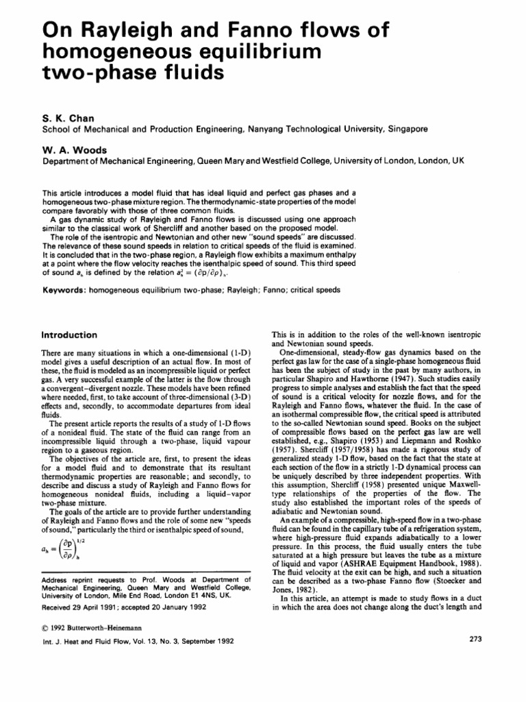 On Rayleigh and Fanno Flows of Homogeneous Equilibrium Two-Phase Fluids ...