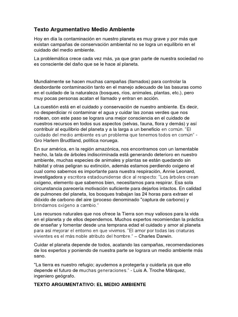 Texto Argumentativo Sobre La Contaminación Ambiental