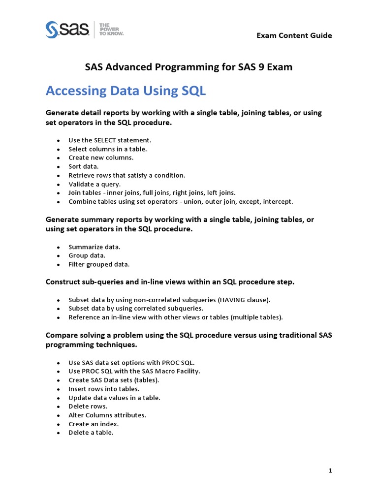 Sas Advanced Programming For Sas 9 Exam Exam Content Guide Pdf Sas Software Computer 