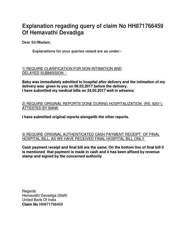 Explanation Regading Query of Claim No HH871766459 of Hemavathi Devadiga | PDF | Social Science
