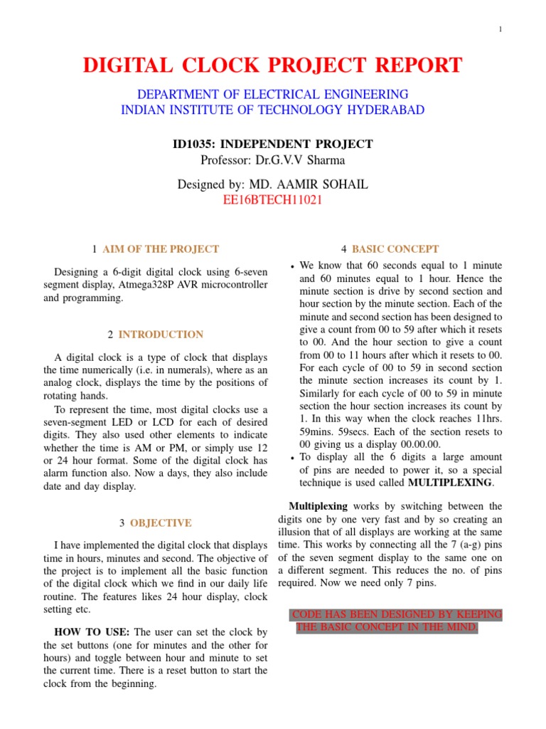 Digital Clock Project Report: Department of Electrical Engineering ...