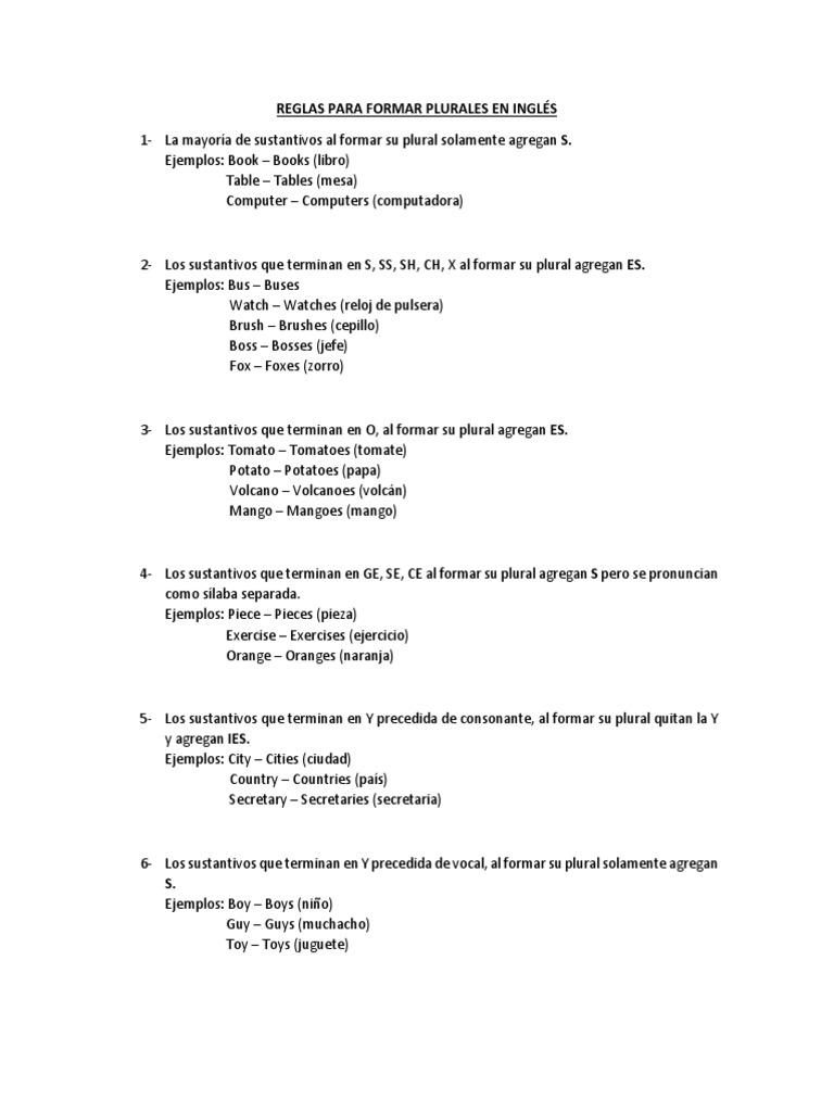 Reglas de Plurales en Inglés | PDF | Artes del Lenguaje y Comunicación