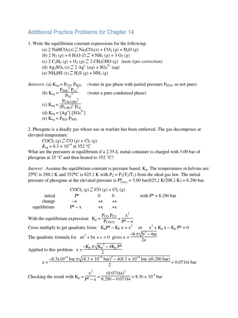 Extra Practice CH 14 Ans | PDF | Solution | Chemical Equilibrium