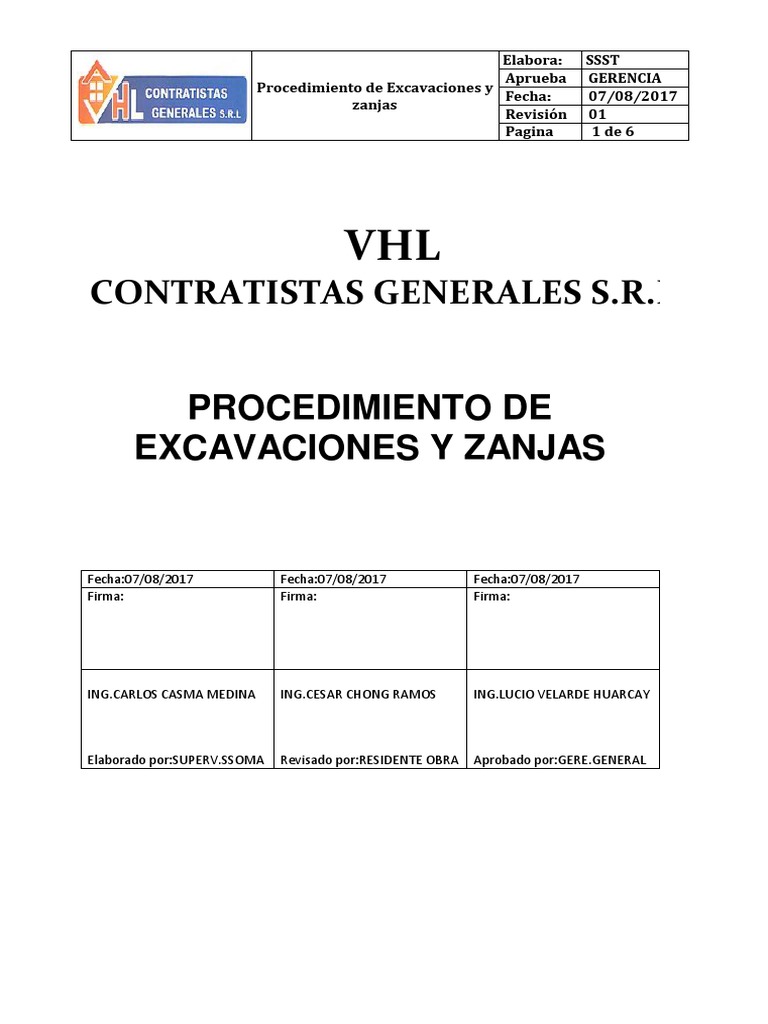 Procedimiento de Excavaciones y Zanjas | PDF | Excavación (Arqueología ...