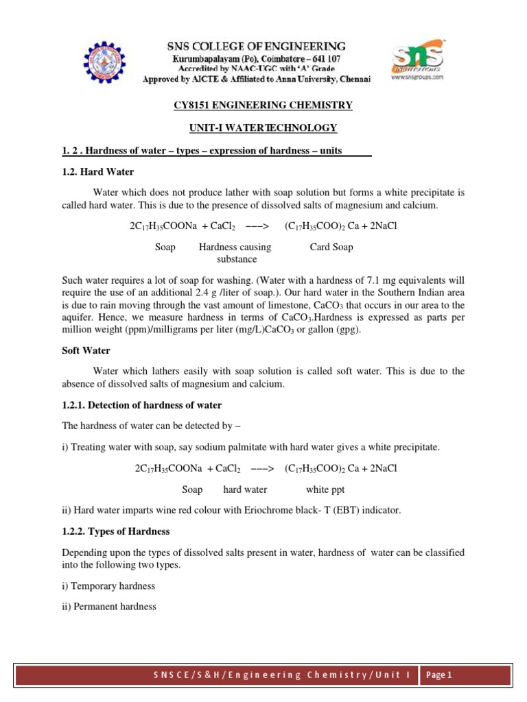 Cy8151 Engineering Chemistry Unit-I Watertechnology 1. 2 - Hardness of ...