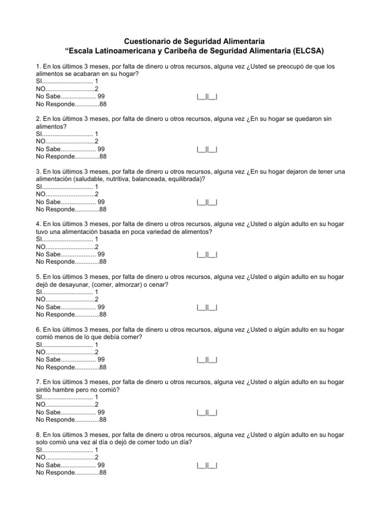 Cuestionario de Seguridad Alimentaria ELCSA PDF | PDF | Seguridad alimentaria | Comida y bebida