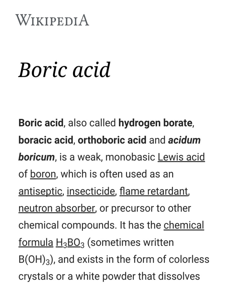 Boric Acid - Wikipedia | PDF | Boron | Chemical Substances