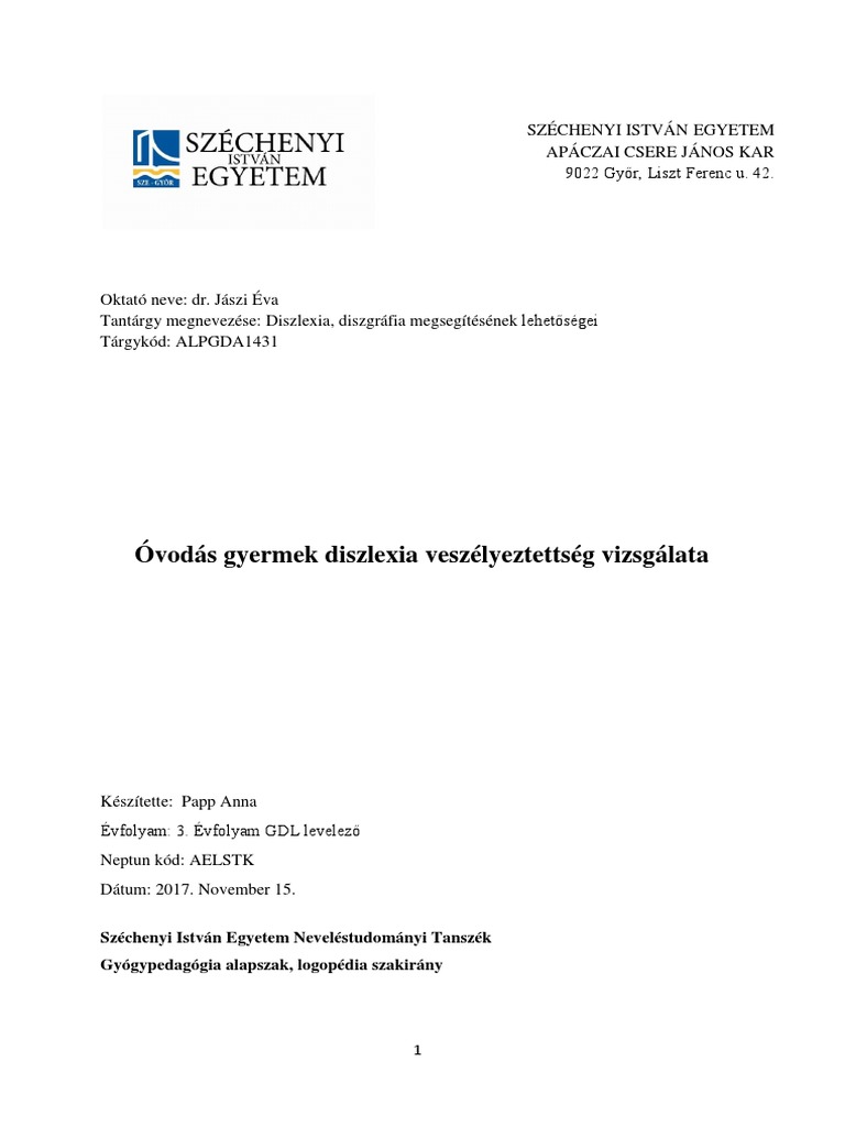 Diszlexia Dolgozat | PDF