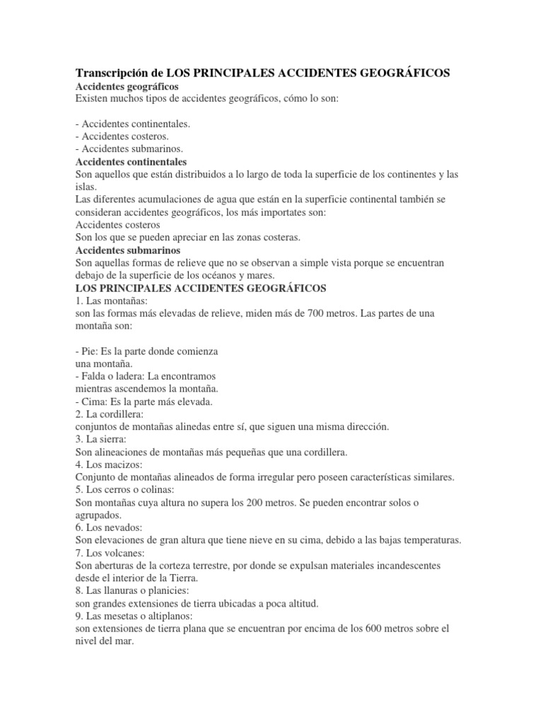 Transcripción de Los Principales Accidentes Geográficos | PDF ...