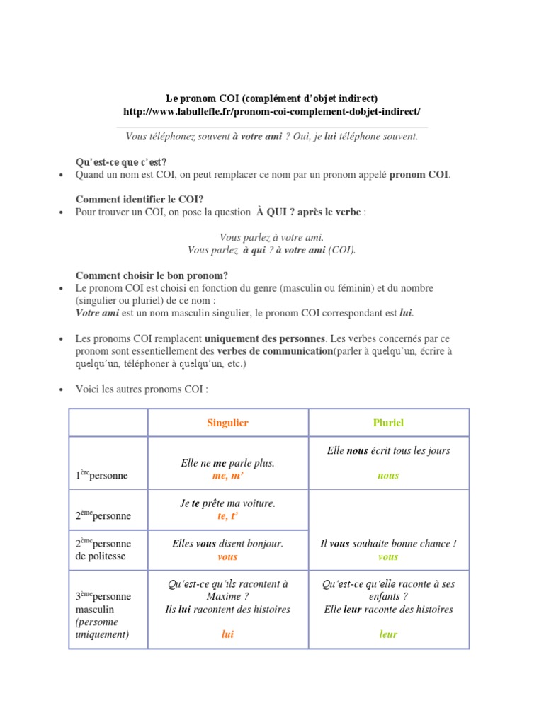 Comprendre le pronom COI | PDF | Genre grammatical | Nombre grammatical