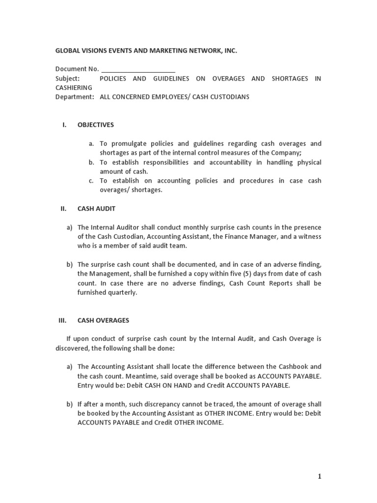 Policy On Cash Shortages | PDF | Debits And Credits | Government