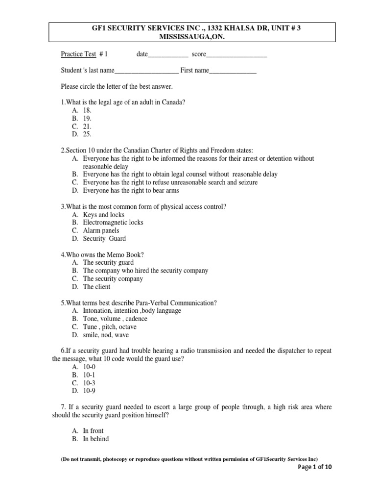 GF 1 Practice Test Questions 1 | PDF | Security Guard | Surveillance