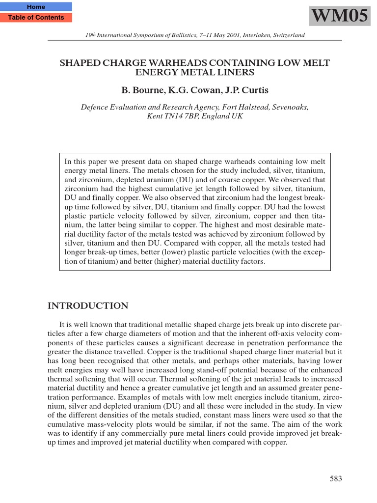 Shaped Charge Warheads Containing Low Melt Energy Metal Liners B ...