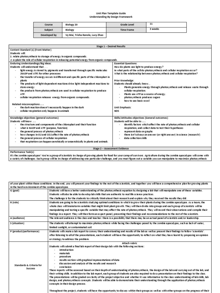 Bio 20 Photosynthesis and Cellular Respiration Unit Plan | PDF ...