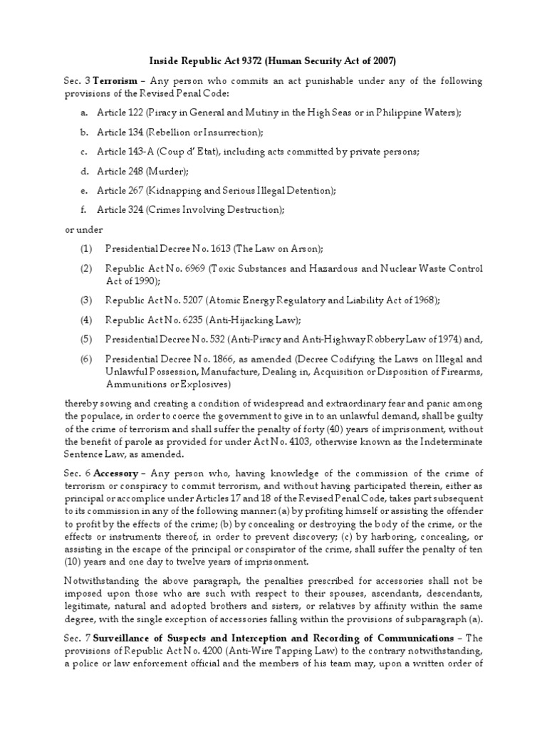 Inside Republic Act 9372 | PDF | Bail | Crime & Violence