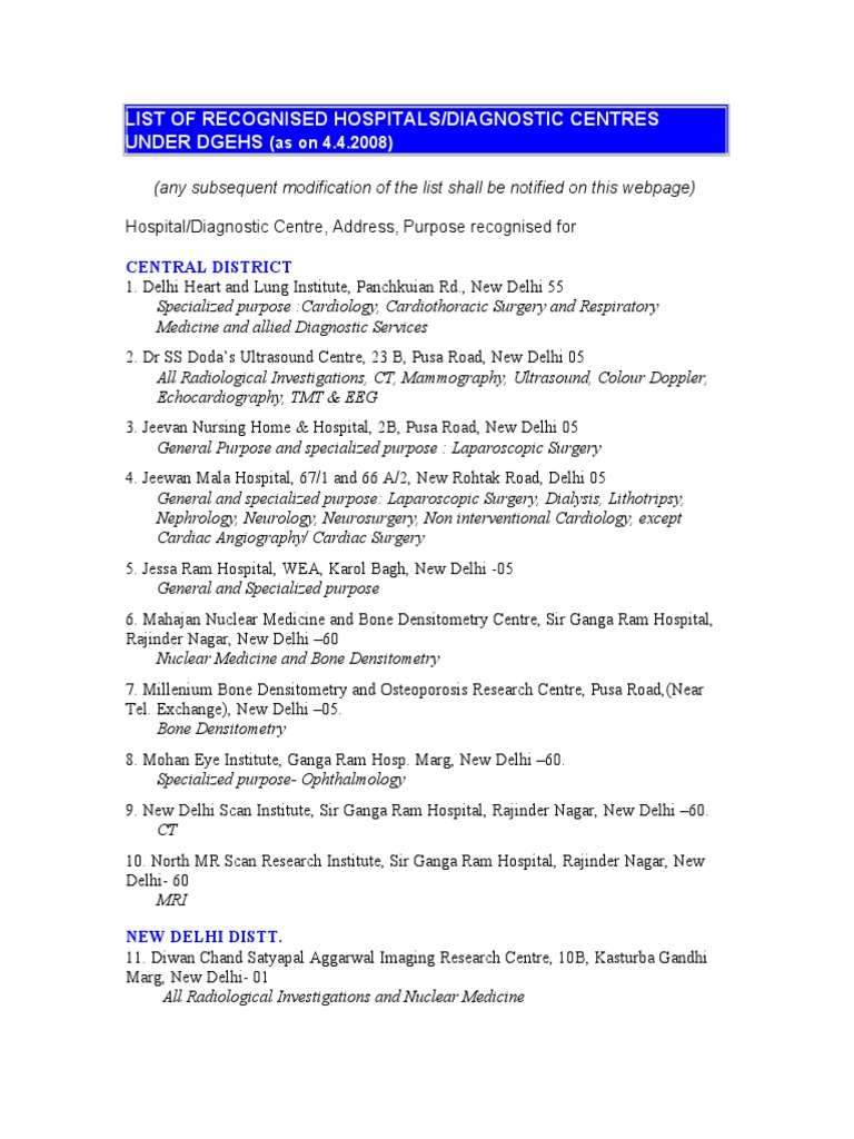 DGEHS Recognised Hospitals List | PDF | Medical Imaging | Radiology