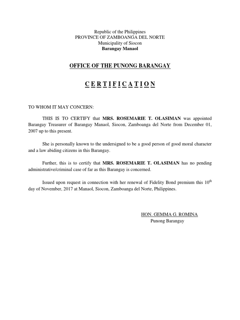 Certification of Fidelity Bond