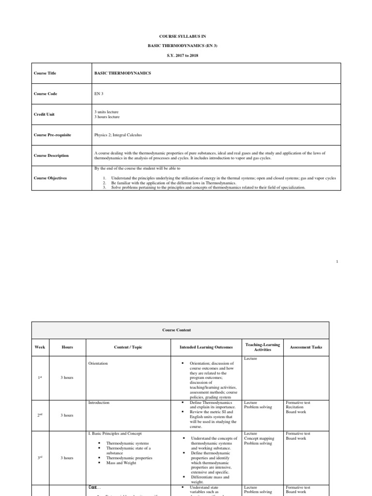 Basic Thermodynamics Course Syllabus | PDF | Second Law Of ...