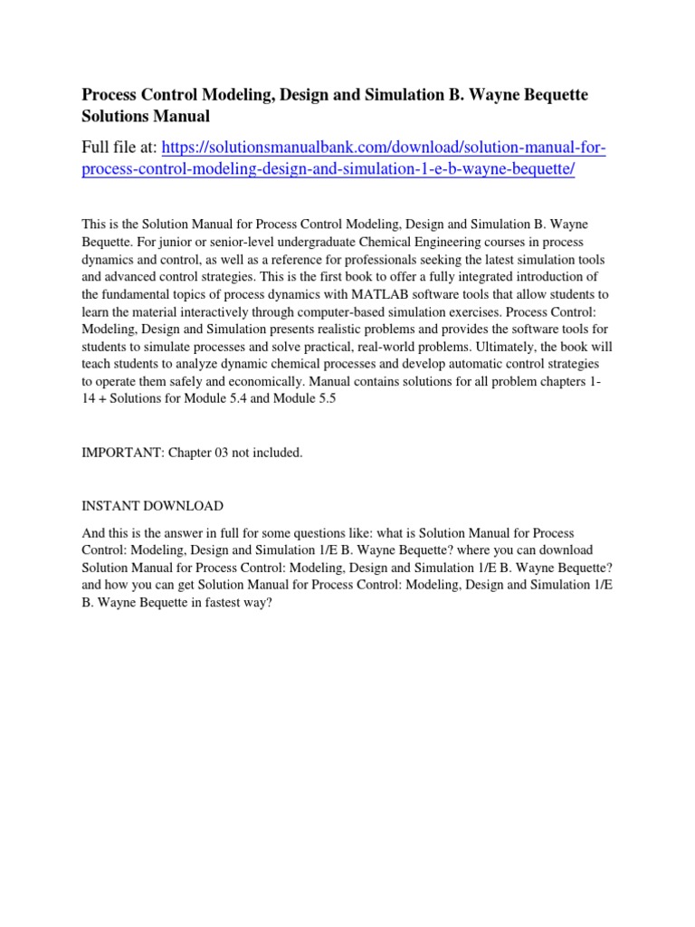 Process Control Modeling, Design and Simulation B. Wayne Bequette Solutions Manual | PDF ...