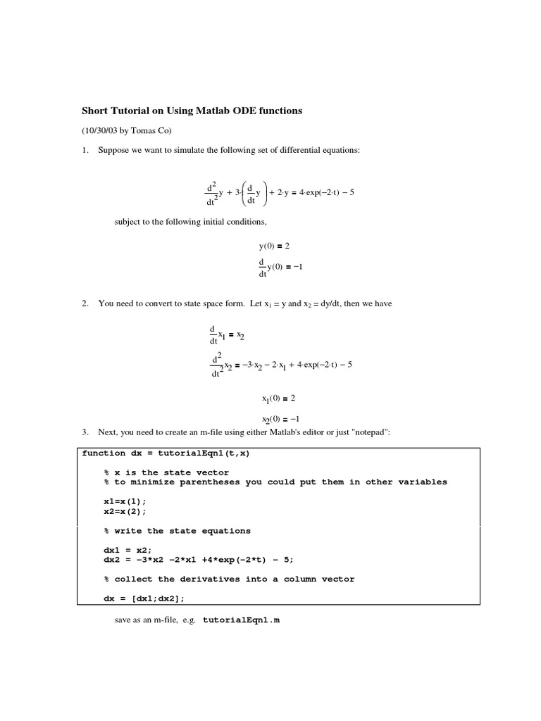 Short Tutorial On Using Matlab ODE Functions: T y D D 3 T y D D 2 y 4 Exp 2 T 5 | PDF | Initial ...