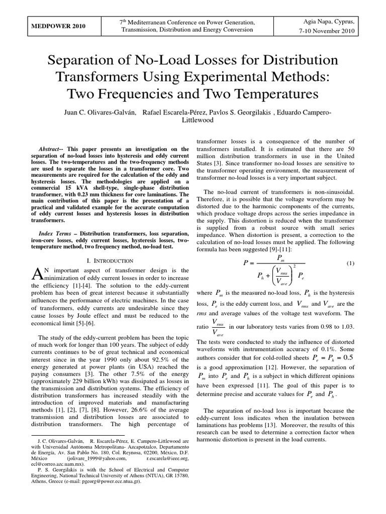Separation of No-Load Losses For Distribution Transformers Using Experimental Methods: Two ...