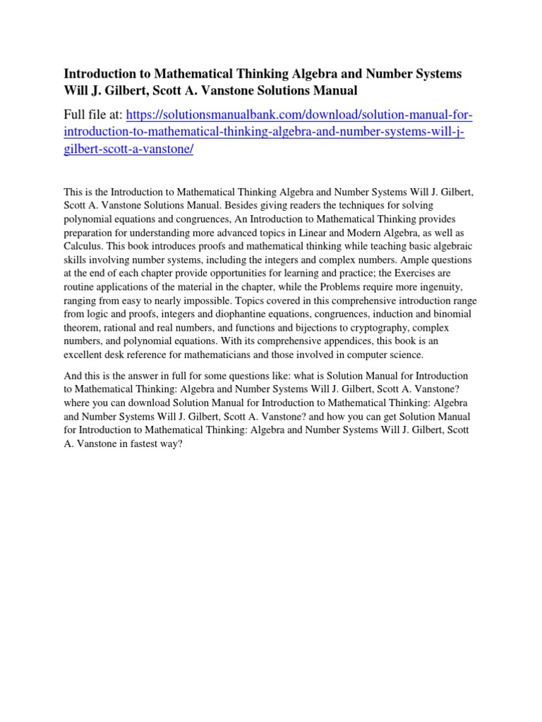Introduction To Mathematical Thinking Algebra and Number Systems Will J ...