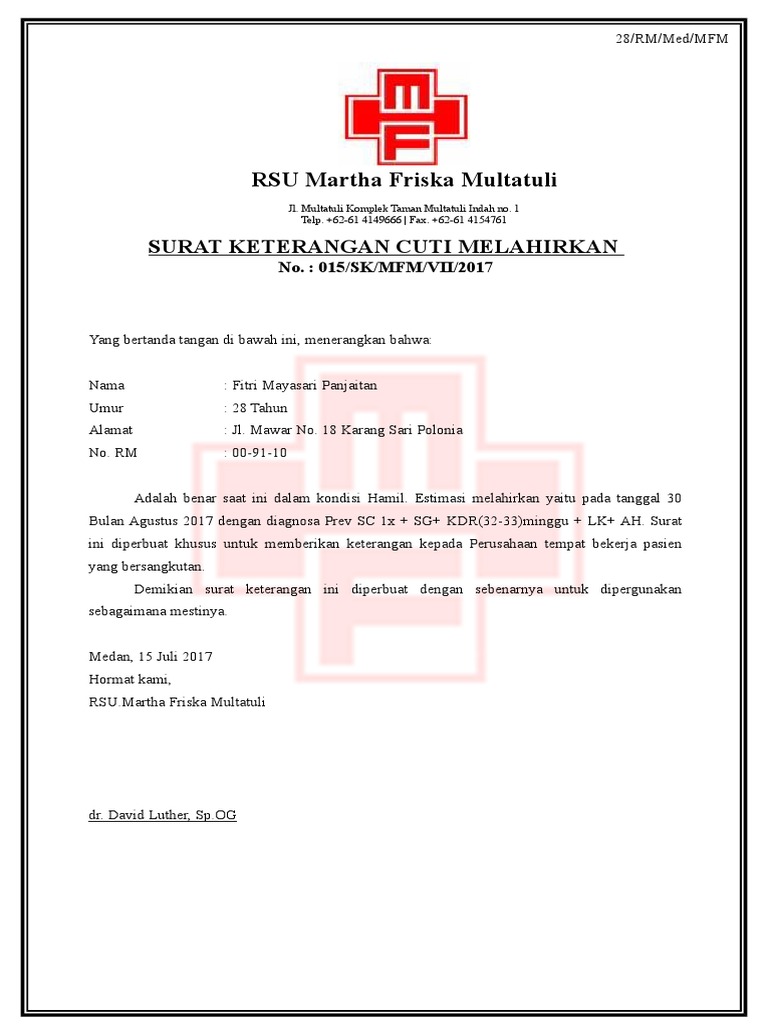 Surat Keterangan Cuti Melahirkan | PDF