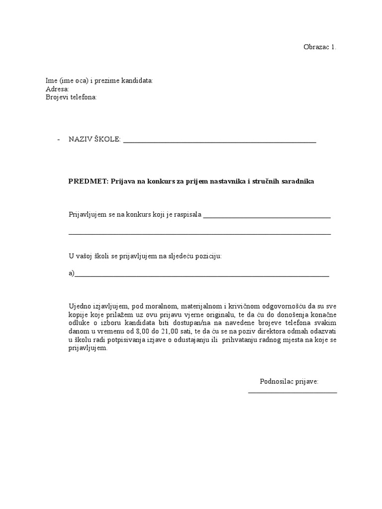 Prijava Na Konkurs Za Prijem Nastavnika I ST Saradnika | PDF