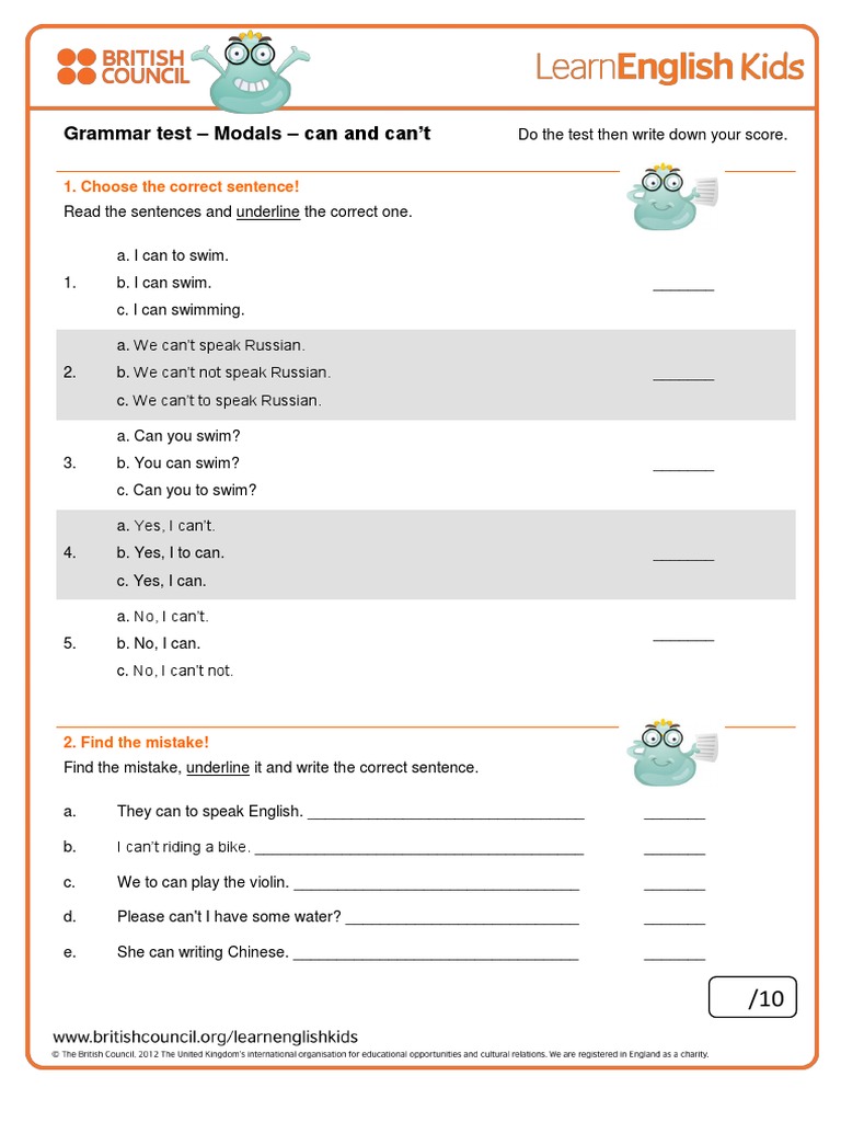 Grammar Practice Modals Can and Cant Final PDF | PDF