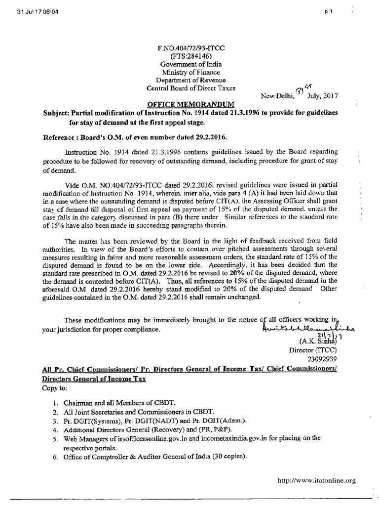 2017-07-31 - Office Memorandum - Stay of Demand at 1st Appeal Stage ...