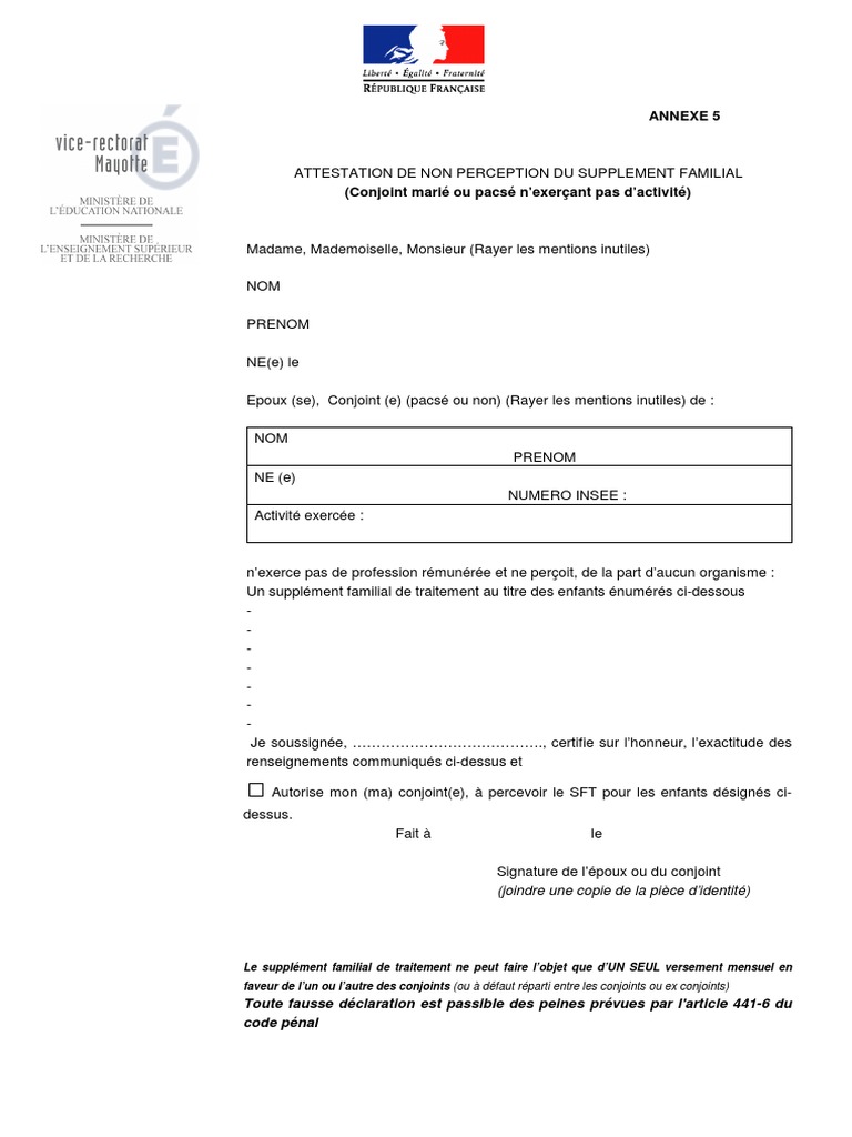 Attestation Non Percept SFT Conjoint | PDF