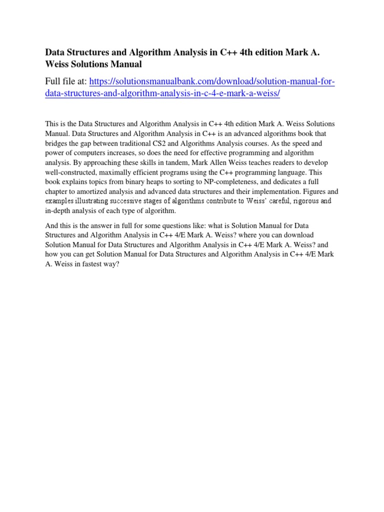 Data Structures And Algorithm Analysis In C 4th Edition Mark A Weiss Solutions Manual Pdf