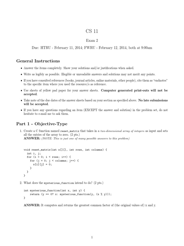 CS 11 - Long Exam 2 - Answer Key PDF | Download Free PDF | Pointer ...