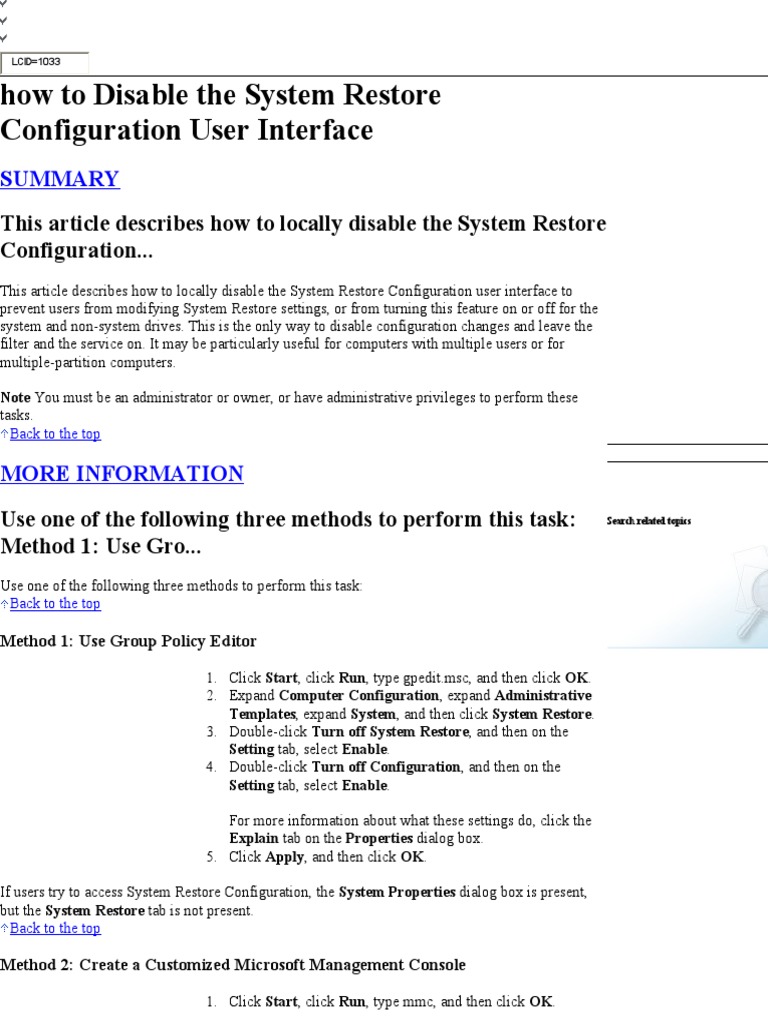 How To Disable The System Restore Configuration User Interface Pdf Windows Registry Group