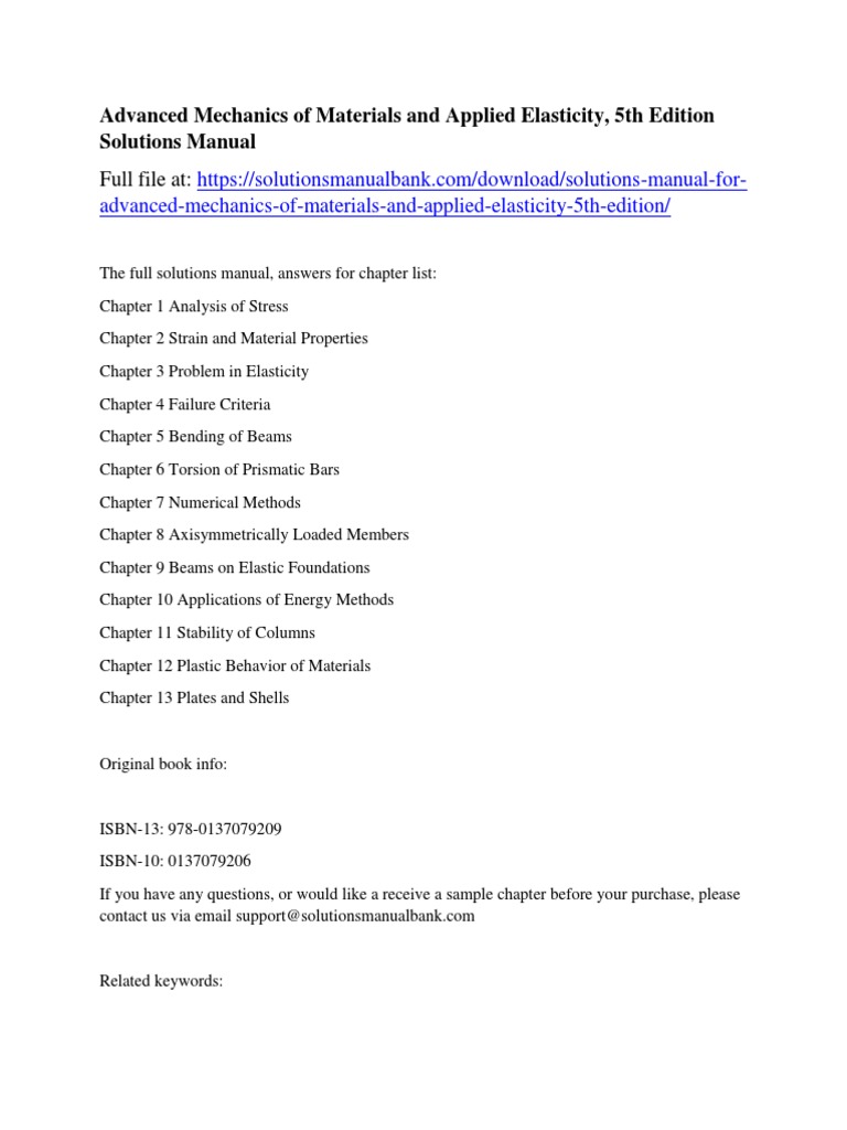 Advanced Mechanics of Materials and Applied Elasticity, 5th Edition Solutions Manual | PDF ...