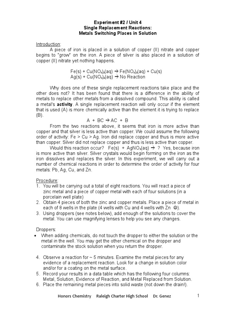Experiment #2 / Unit 4 Single Replacement Reactions: Metals Switching ...