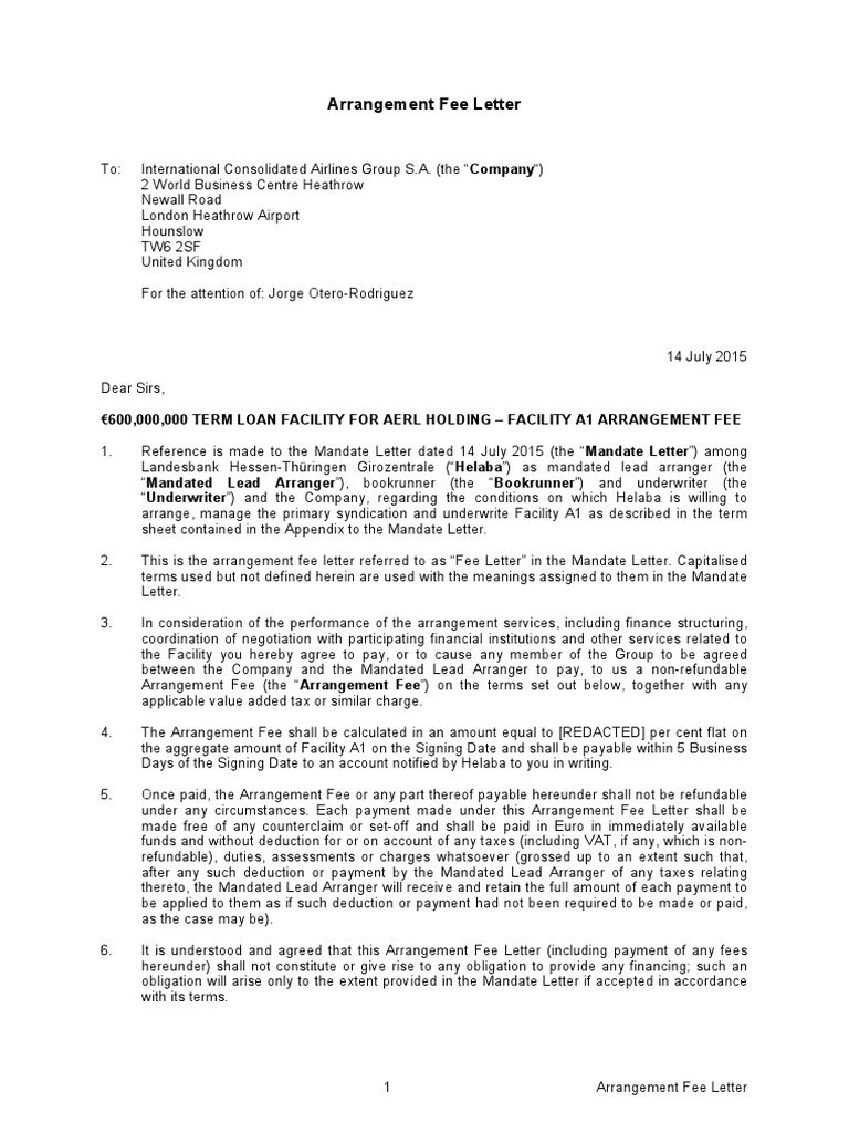 Redacted Arrangement Fee Letter | PDF | Fee | Taxes