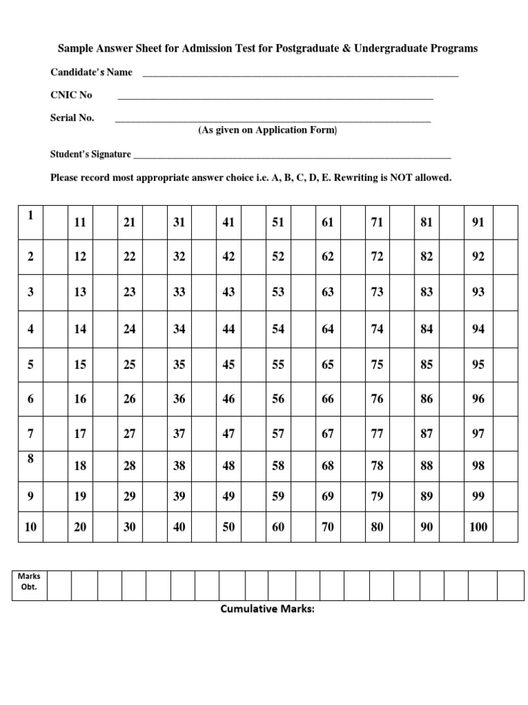 Sample Answer Sheet For Admission Test For Postgraduate & Undergraduate ...