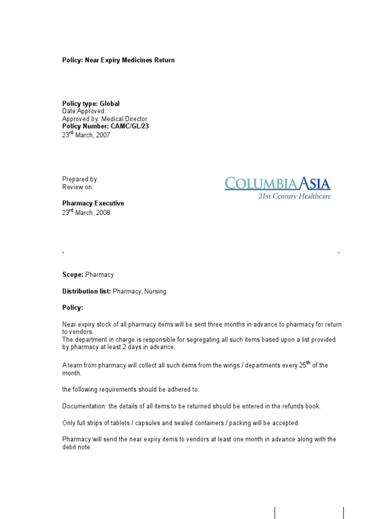 Near Expiry Medicines Return | PDF