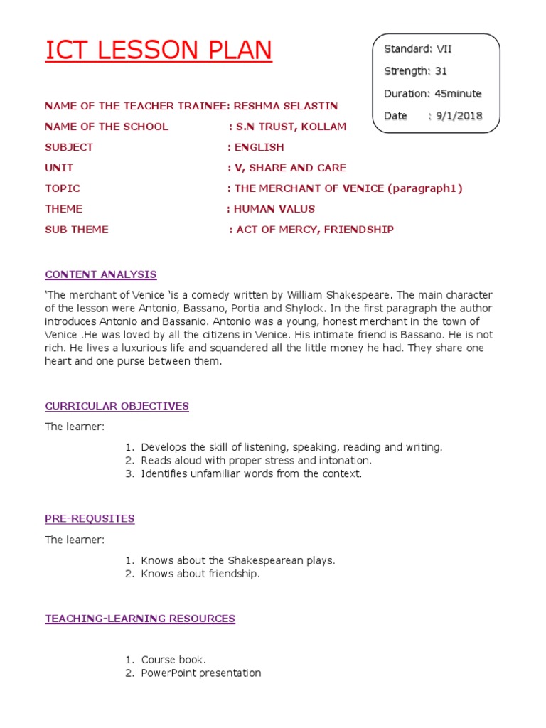 Ict Lesson Plan | PDF | The Merchant Of Venice | Lesson Plan