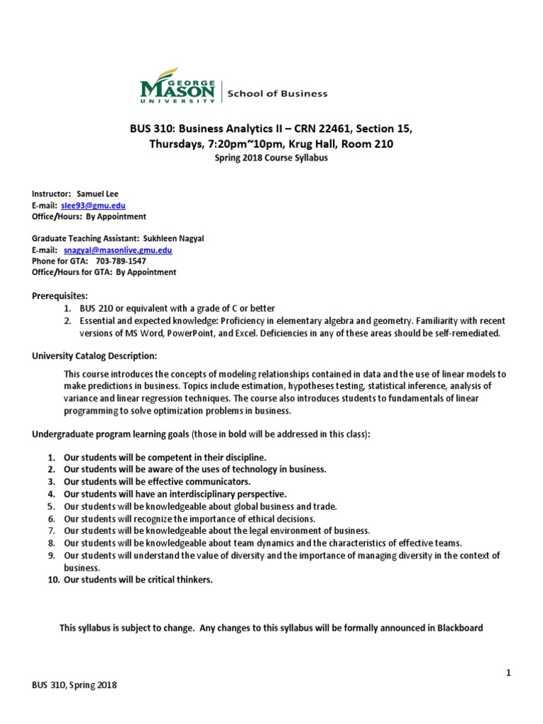 Course Syllabus - GMU Spring 2018 - BUS 310 - Section 15 - Business ...