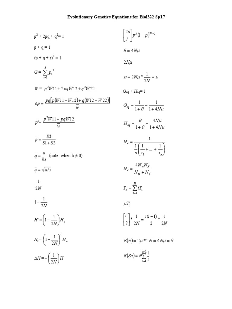 P P J N: Evolutionary Genetics Equations For Biol322 Sp17 | PDF
